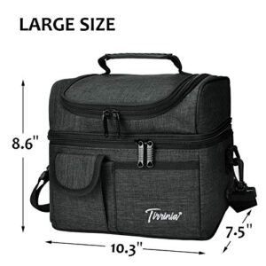 Tirrinia Insulated Lunch Bag, Leakproof Thermal Bento Cooler Tote for Women and Men, Dual Compartment with Shoulder Strap, 10.3" x 7.5" x 8.6", Black