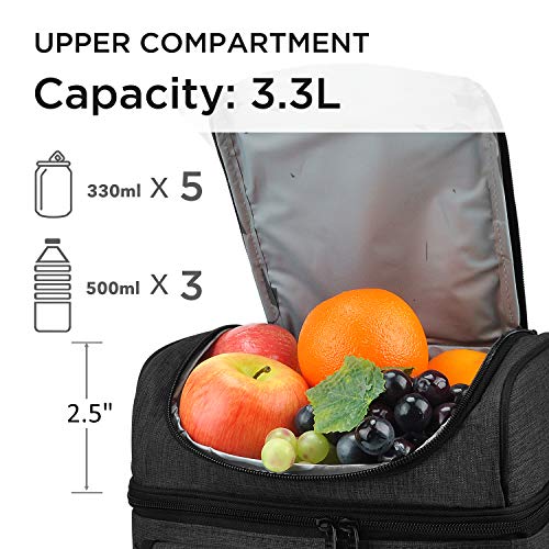 Tirrinia Insulated Lunch Bag, Leakproof Thermal Bento Cooler Tote for Women and Men, Dual Compartment with Shoulder Strap, 10.3" x 7.5" x 8.6", Black