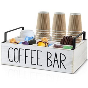 coffee station organizer, wooden coffee bar accessories organizer for counter, farmhouse kcup coffee pod holder storage basket with handle, coffee bar organizer station for coffee bar decor white