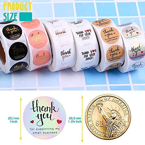 3000pcs Thank You Stickers, Evatage 6 Rolls 1 Inch Thank You Label Stickers for Small Business with 6 Design, Small Business Supplies for Packaging, Envelopes, Gift Wraps and Crafts