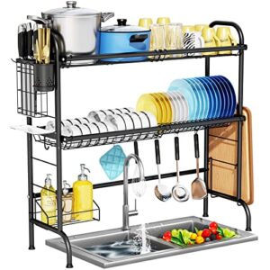 howdia over the sink dish drying rack, 2-tier stainless steel large over the sink dish rack with utensil holder dish drainers for kitchen counter