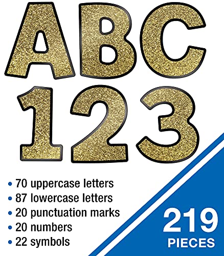 Carson Dellosa 4 In. Gold Glitter Bulletin Board Letters for Classroom, Alphabet Letters, Numbers, Punctuation & Symbol Cutouts, Gold Glitter Letters for Bulletin Board (219 pcs.)