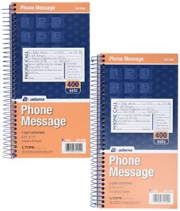 adams sc1154-2d phone message book, 5.25 x 11 inch, spiral bound, 2-part, carbonless, 4 messages per page, 400 sets, 2-pack, white and canary (s1154-2d)