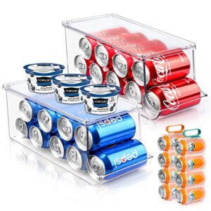 refrigerator organizer bins, soda can organizers, stacking drink dispenser holders storage with lids for pantry, fridge, freezer, kitchen, cabinets-holds 9 cans each, bpa-free, clear design, (4-pack)