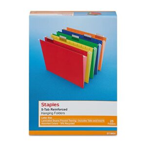 Staples 813110 Reinforced Hanging File Folders 5-Tab Letter Size Asst. Colors 25/Bx