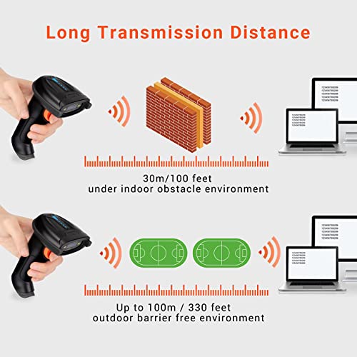 Tera Barcode Scanner Wireless Versatile 2-in-1 (2.4Ghz Wireless+USB 2.0 Wired) with Battery Level Indicator, 328 Feet Transmission Distance Rechargeable 1D Laser Bar Code Reader USB Handheld (Black)