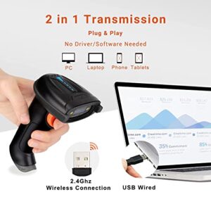 Tera Barcode Scanner Wireless Versatile 2-in-1 (2.4Ghz Wireless+USB 2.0 Wired) with Battery Level Indicator, 328 Feet Transmission Distance Rechargeable 1D Laser Bar Code Reader USB Handheld (Black)