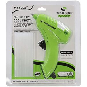 surebonder ultra low temperature cool shot mini glue gun, compact size, extra safe at 10 watts, bonds delicate materials like paper, fabric, foam, flowers, 12 sticks included (plus series kd-160fkit)