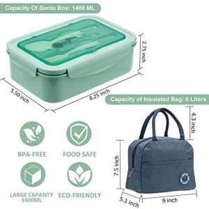 Bento Boxes for Adults, 1100 ML Bento Lunch Box For Kids Childrens With Utensils, Insulated Lunch Bag, Durable for On-the-Go Meal, BPA-Free and Food-Safe Materials(Green With Bag)