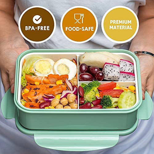 Bento Boxes for Adults, 1100 ML Bento Lunch Box For Kids Childrens With Utensils, Insulated Lunch Bag, Durable for On-the-Go Meal, BPA-Free and Food-Safe Materials(Green With Bag)