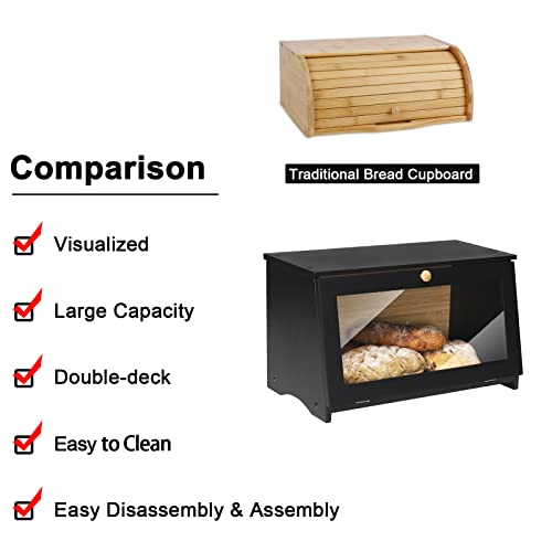 HOMEKOKO Wood Bread Box for Kitchen Counter, Single Layer Bamboo Large Capacity Food Storage Bin (BLACK)