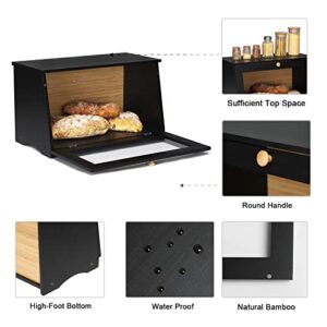 HOMEKOKO Wood Bread Box for Kitchen Counter, Single Layer Bamboo Large Capacity Food Storage Bin (BLACK)