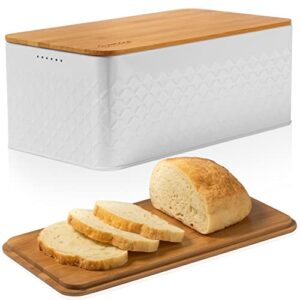 white bread box for kitchen countertop – bread box with bamboo wood cutting board lid – farmhouse white bread boxes – metal large bread box modern style to extend freshness – bread storage container