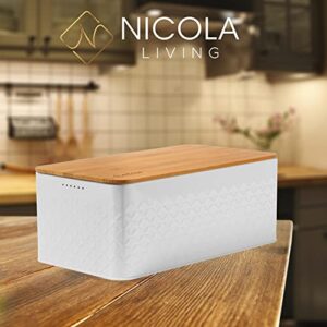 White Bread Box For Kitchen Countertop - Bread Box With Bamboo Wood Cutting Board Lid - Farmhouse White Bread Boxes - Metal Large Bread Box Modern Style To Extend Freshness - Bread Storage Container