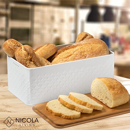 White Bread Box For Kitchen Countertop - Bread Box With Bamboo Wood Cutting Board Lid - Farmhouse White Bread Boxes - Metal Large Bread Box Modern Style To Extend Freshness - Bread Storage Container