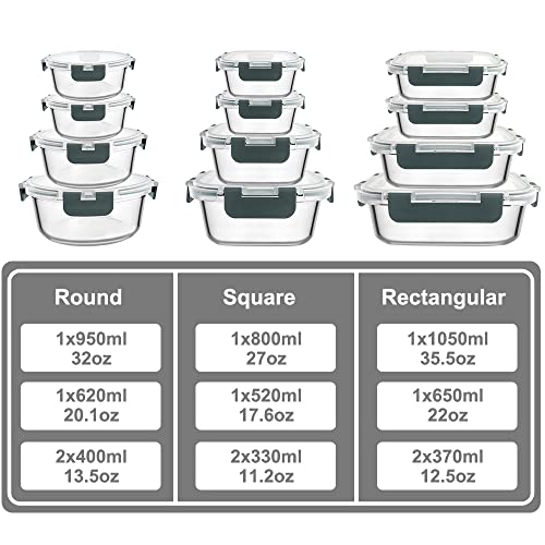 FREYBLI 24-Piece Glass Food Storage Containers with Lids, Glass Meal Prep Containers, Airtight Glass Lunch Bento Boxes, BPA Free & Leak Proof, Microwave, Oven, Freezer and Dishwasher