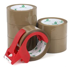 bomei pack brown packing tape with dispenser, 2.4 mil 1.88 inch x 60 yards, 6 refills rolls packaging tape for moving, shipping and storage