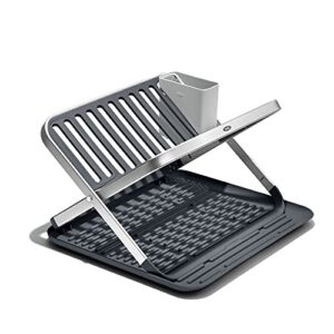 oxo good grips aluminum fold flat dish drying rack, 2-tier, with drainboard, for kitchen counter, collapsible