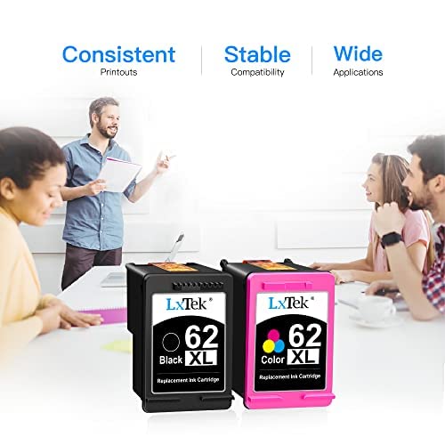 LxTek Ink Cartridge Replacement for HP 62XL 62 XL to Compatible with Envy 5540 5660 7645 5642 5542 5643 5640 7644 OfficeJet 250 5740 200 5745 Printer (1 Black,1 Tri-Color, 2 Pack)