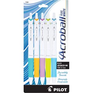 pilot acroball purewhite advanced ink refillable & retractable ball point pens with turquoise/orange/purple/lime/blue accents, fine point, black ink, 5-pack (31861)