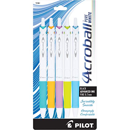 PILOT Acroball PureWhite Advanced Ink Refillable & Retractable Ball Point Pens with Turquoise/Orange/Purple/Lime/Blue Accents, Fine Point, Black Ink, 5-Pack (31861)