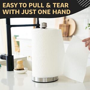 Stainless Steel Paper Towel Holder Stand Designed for Easy One- Handed Operation - This Sturdy Weighted Paper Towel Holder Countertop Model Has Suction Cups and Holds All Paper Towel Rolls