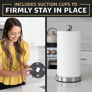 Stainless Steel Paper Towel Holder Stand Designed for Easy One- Handed Operation - This Sturdy Weighted Paper Towel Holder Countertop Model Has Suction Cups and Holds All Paper Towel Rolls