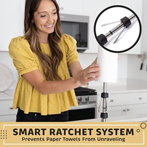 Stainless Steel Paper Towel Holder Stand Designed for Easy One- Handed Operation - This Sturdy Weighted Paper Towel Holder Countertop Model Has Suction Cups and Holds All Paper Towel Rolls