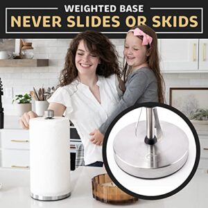 Stainless Steel Paper Towel Holder Stand Designed for Easy One- Handed Operation - This Sturdy Weighted Paper Towel Holder Countertop Model Has Suction Cups and Holds All Paper Towel Rolls