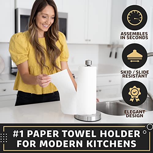 Stainless Steel Paper Towel Holder Stand Designed for Easy One- Handed Operation - This Sturdy Weighted Paper Towel Holder Countertop Model Has Suction Cups and Holds All Paper Towel Rolls