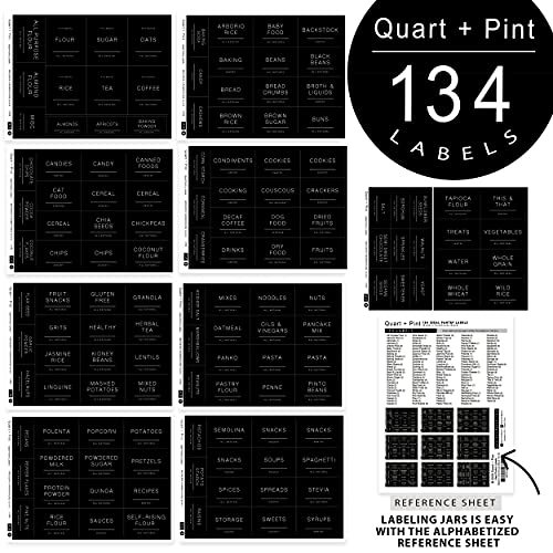 QUART + PINT 134 Kitchen Pantry Labels for Containers. Minimalist Preprinted Farmhouse Style. Black Matte Sticker White Text. Waterproof Stickers. Organization labels for Jars Canisters & Storage Bins