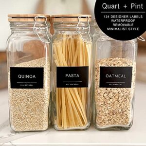 QUART + PINT 134 Kitchen Pantry Labels for Containers. Minimalist Preprinted Farmhouse Style. Black Matte Sticker White Text. Waterproof Stickers. Organization labels for Jars Canisters & Storage Bins