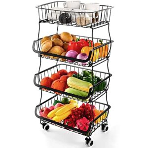 fruit vegetable storage basket, 4 tier stackable metal wire storage baskets with wheels, fruit vegetable produce basket organizer bins for kitchen, pantry, bathroom