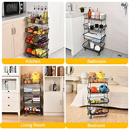 Fruit Vegetable Storage Basket, 4 Tier Stackable Metal Wire Storage Baskets with Wheels, Fruit Vegetable Produce Basket Organizer Bins for Kitchen, Pantry, Bathroom