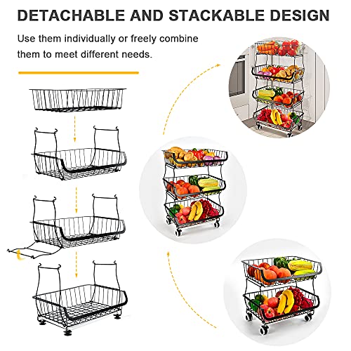 Fruit Vegetable Storage Basket, 4 Tier Stackable Metal Wire Storage Baskets with Wheels, Fruit Vegetable Produce Basket Organizer Bins for Kitchen, Pantry, Bathroom