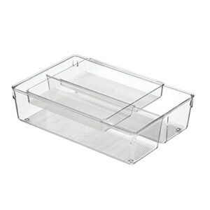 mDesign Plastic Stackable Kitchen Storage Drawer Organizer Bin with 2-Tier Tray for Cabinet, Pantry, Drawer, Refrigerator, Freezer - Hold Utensils, Flatware, Appliances - Ligne Collection - Clear