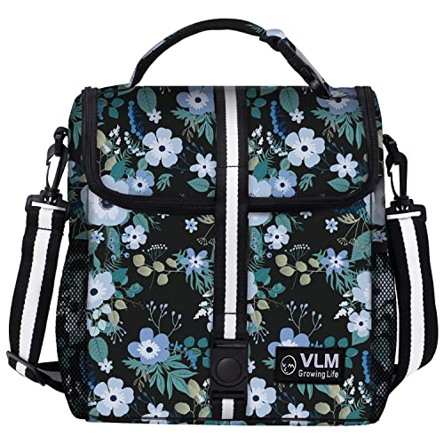 VLM Lunch Bags for Women,Leakproof Insulated Floral Lunch Box with Adjustable Shoulder Strap Reusable Zipper Cooler Tote Bag for Work,Picnic,Camping