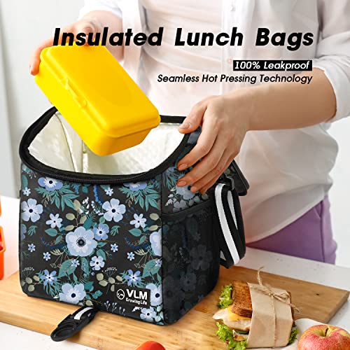 VLM Lunch Bags for Women,Leakproof Insulated Floral Lunch Box with Adjustable Shoulder Strap Reusable Zipper Cooler Tote Bag for Work,Picnic,Camping