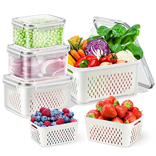 TBMax Fruit Vegetable Storage Containers for Fridge - 4 Pack Large Produce Saver Containers Refrigerator Organizer Bins, Plastic Produce Keepers with Lid & Colander for Salad Berry Lettuce Storage