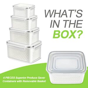 TBMax Fruit Vegetable Storage Containers for Fridge - 4 Pack Large Produce Saver Containers Refrigerator Organizer Bins, Plastic Produce Keepers with Lid & Colander for Salad Berry Lettuce Storage