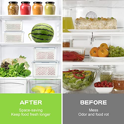 TBMax Fruit Vegetable Storage Containers for Fridge - 4 Pack Large Produce Saver Containers Refrigerator Organizer Bins, Plastic Produce Keepers with Lid & Colander for Salad Berry Lettuce Storage