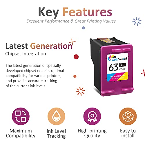 ColoWorld Remanufactured Ink Cartridge Replacement for HP 63XL 63 XL Work with Envy 4520 3634 OfficeJet 3830 3831 5252 4650 5258 5255 DeskJet 3636 3630 1112 1110 3637 3639 Printer (1 Color)