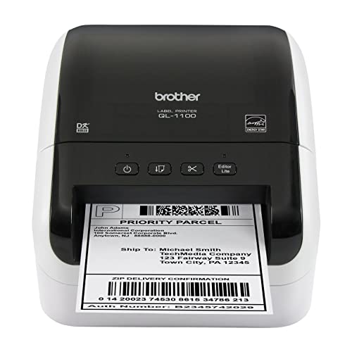 Brother QL-1100 Wide Format Wired Thermal Label Printer, Black - USB Connectivity, 4" Wide, 300 x 300 dpi, 69 Labels Per Minute Professional Monochrome Postage and Barcode Printer