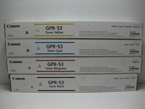 genuine original canon gpr-53 toner cartridges set black cyan magenta yellow for: canon imagerunner advance c3325 c3330 c3525 c3530 c3025 w/ micro acetoner cloth.