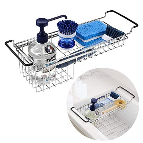 KeFanta Kitchen Sink Caddy Sponge Holder, Hanging Dish Sponge Organizer Holder, Telescopic Farmhouse Sink Accessories, Over Sink Expandable(14''-20'') Brush Soap Storage Rack - Stainless Steel