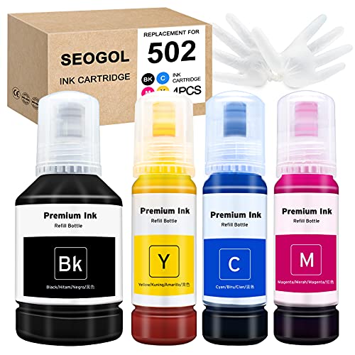 Seogol Compatible Epson 502 T502 Refill Ink Bottles Replacement for Ecotank ET-2750 ET-3750 ET-4750 ET-2760 ET-3760 ET-4760 ET-2700 ET-3700 ET-3710 ET-15000 ST-2000 ST-3000 ST-4000 - 4 Pack