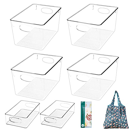 6 Pack Clear Space Plastic Storage Bins Fridge Organizer Kitchen Organization Pantry Storage Bins Freeze Organizers With Handles Cabinet Organizers For Kitchen,Fridge,Cabinet,Pantry,Bedrooms,Bathrooms