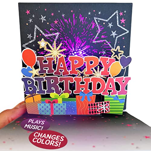 100 Greetings LIGHTS & MUSIC 'Fireworks' Birthday Pop Up Card - Plays Hit Song 'Happy' - Happy Birthday Card for Wife or Husband, Him or Her, Women & Men – Pop Up Birthday Greeting Cards - 1 Card Only