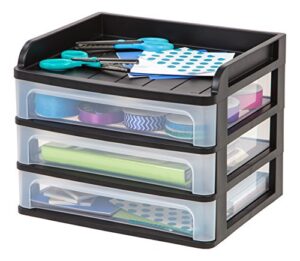 iris usa medium 3-drawer desktop organizer with open tray top, for office, school, stationary, makeup organizer, bathroom, utility, medical supplies, desk organizer, versatile storage, black