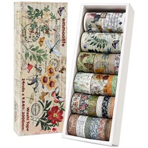 24 rolls vintage washi tape set, 5/8/10/15/30/75mm wide 9.84ft long/roll antique floral letter butterfly mushroom botanical writable decorative tapes for scrapbooking supplies, junk journal, art craft